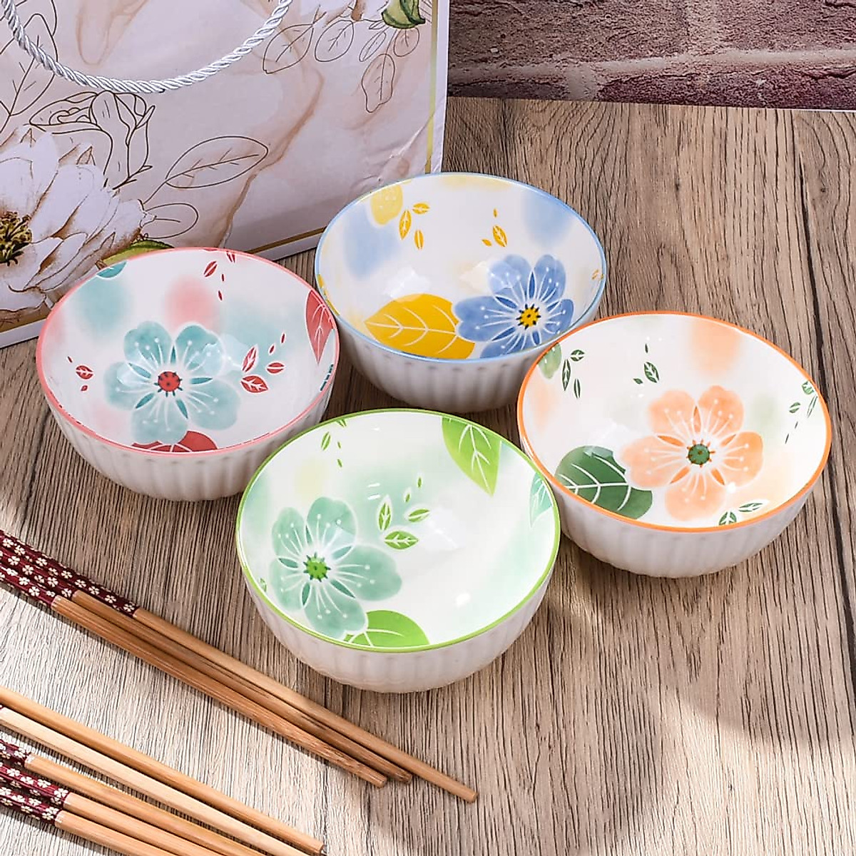Ceramic Rice Bowl with Chopsticks Set of 4,A Good Gift for Friend and Family (LH)