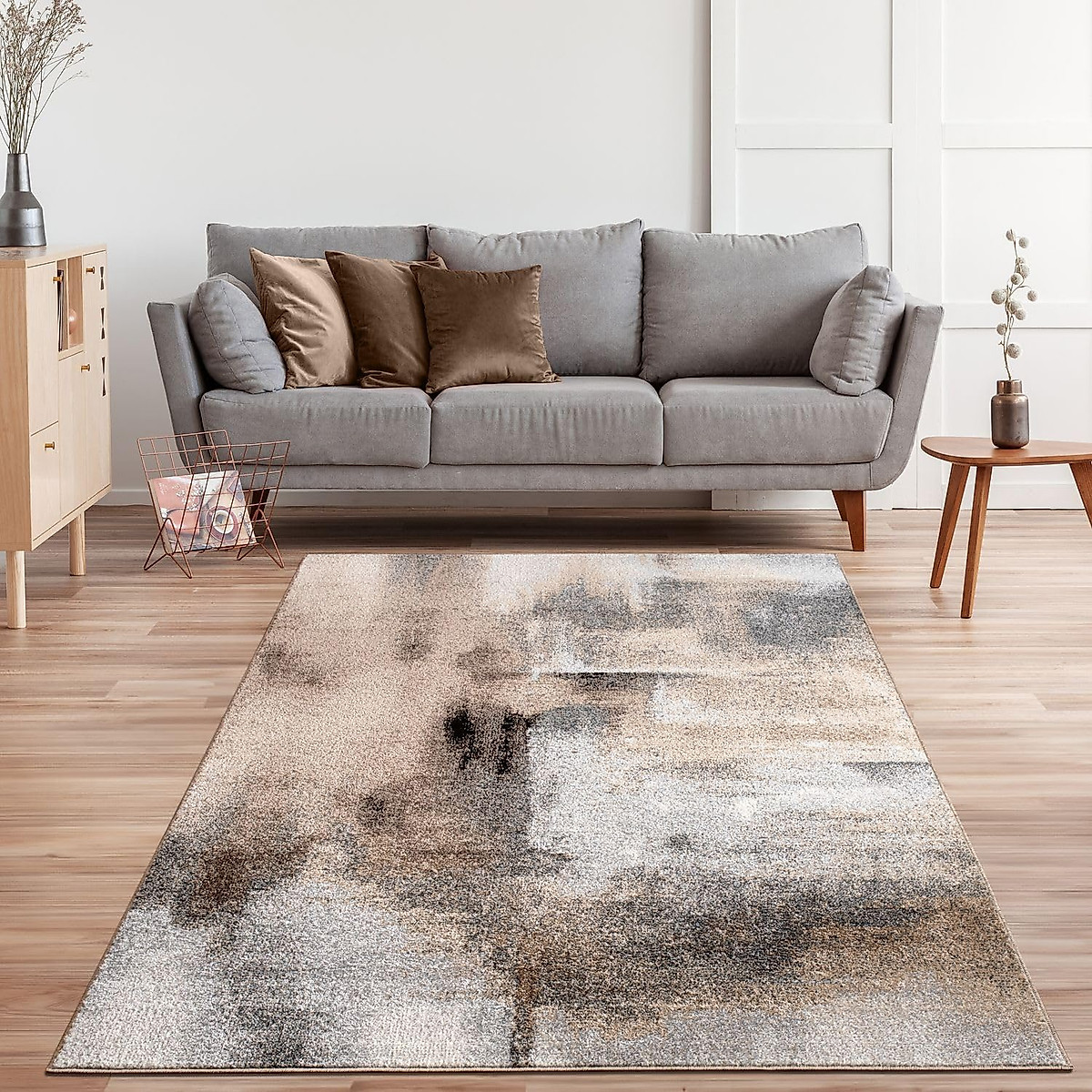 Paco Home Designer Rug with Modern Earthy Colors in Cream Brown Black, Size: 3'11" x 5'3"