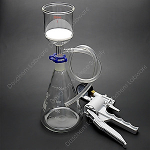Deschem 1000ml,Vacuum Suction Filter Device,200ml Buchner Funnel,1L 24/40 Erlenmeyer Flask,with Handle Pump