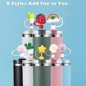 8pcs Straw Covers Cap for 0.4 inch/10mm Straws, Dust-Proof Straw Cap Tip Silicone Toppers Cartoon Reusable Plugs for Tumblers