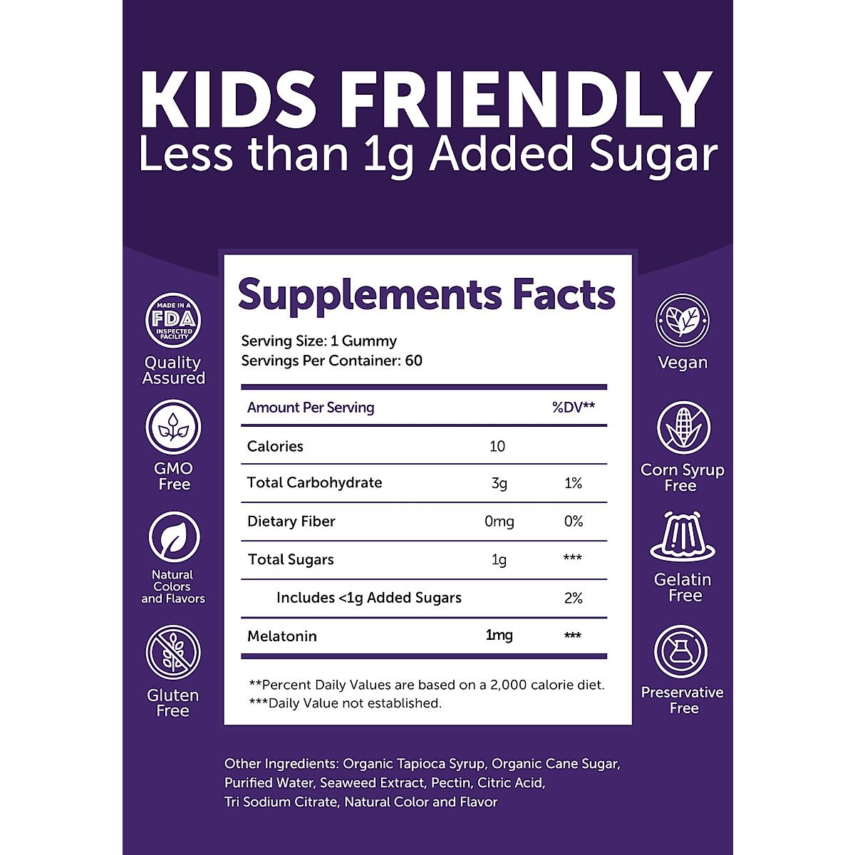 Lunakai USA Made Kids Melatonin Gummies 1mg - Safe & Natural Sleep Aid for Children 2+ - Non-GMO, Vegan, Gluten-Free - 60 Count