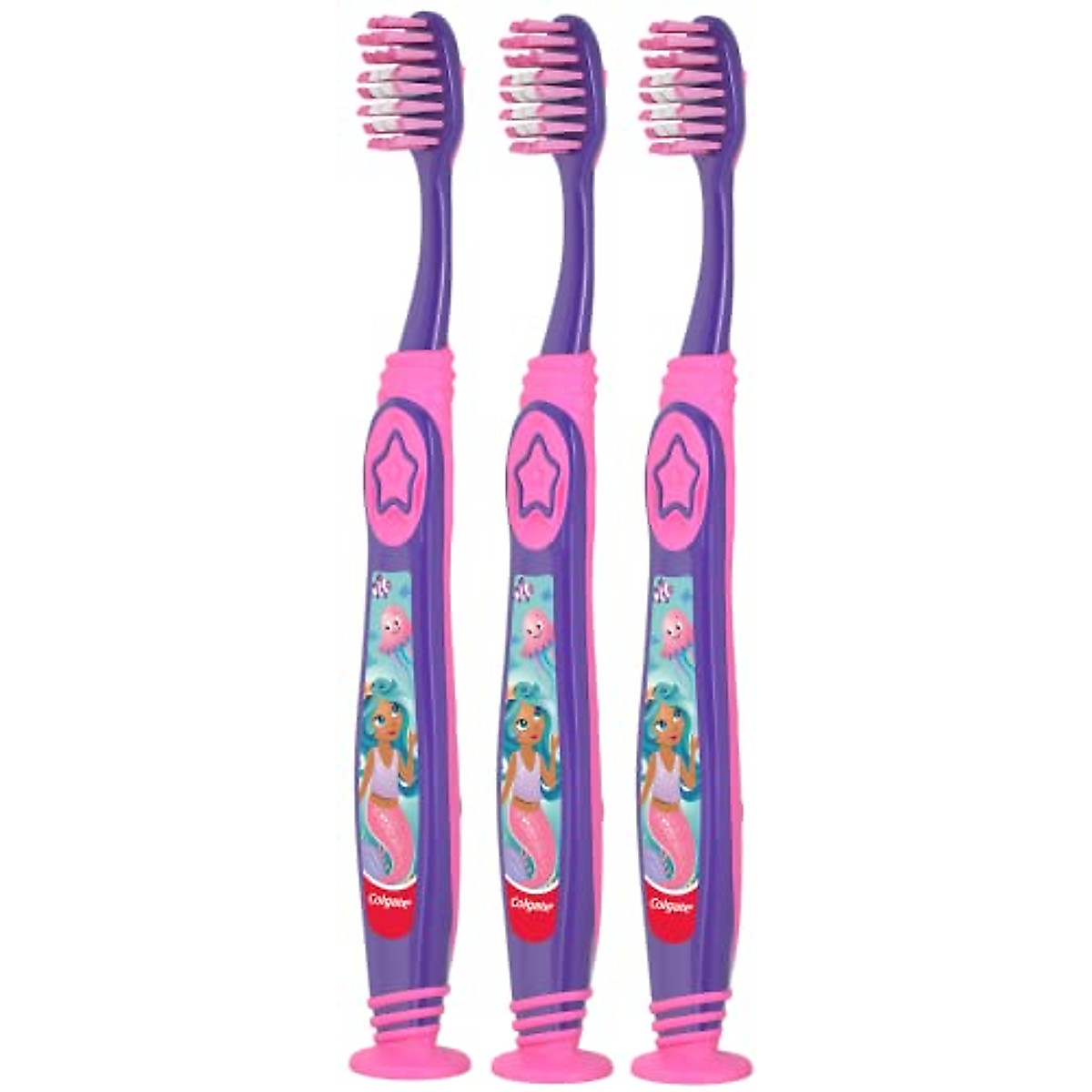 Colgate Mermaid Toothbrush with Suction Cup for Children 5+ Years Old, Extra Soft (Colors Vary) - Pack of 3