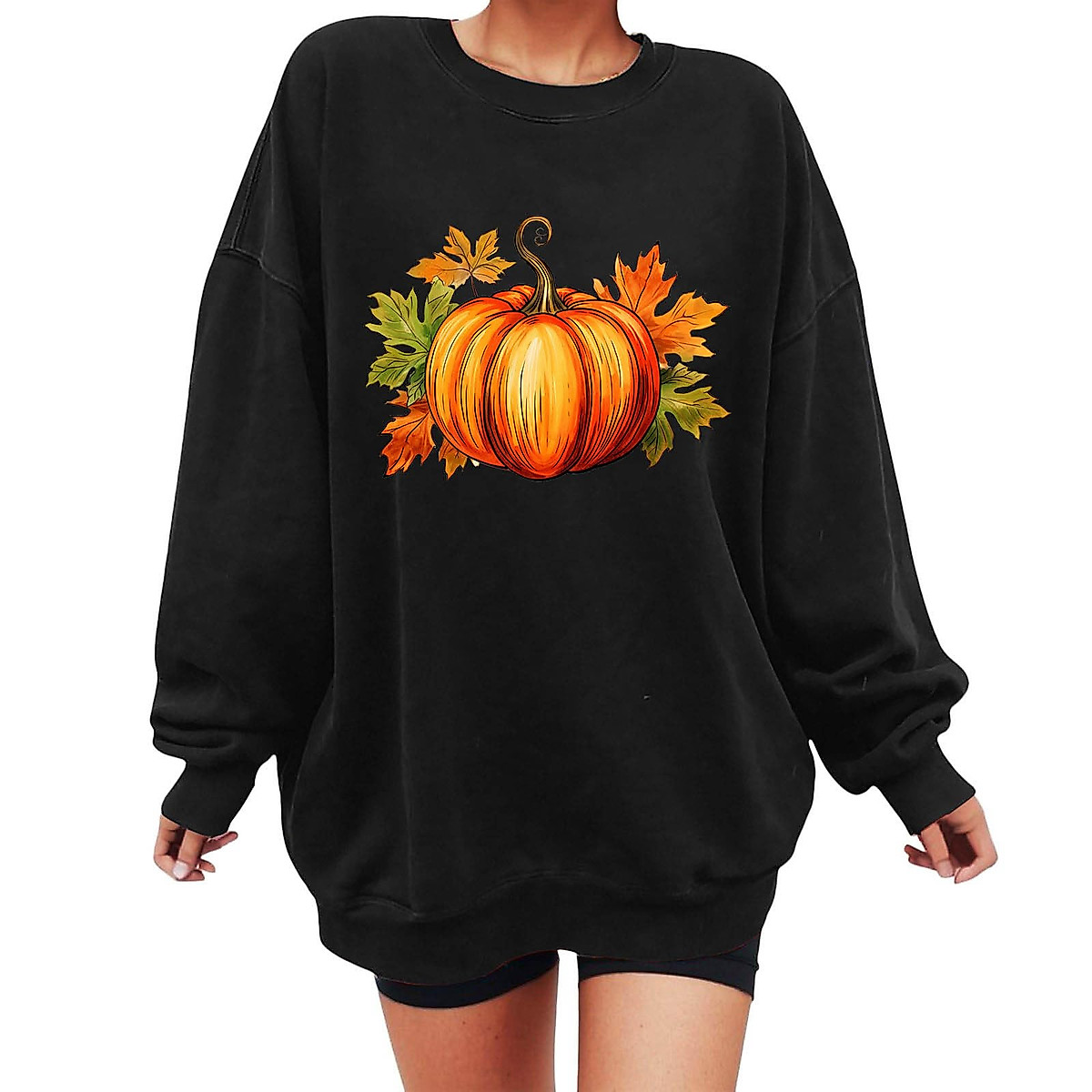 VQLTZQU Halloween Shirts for Women V Neck Crewneck Long Sleeve Casual Basic Pullover Top Pumpkin-Oversized Graphic (Black, XXL)
