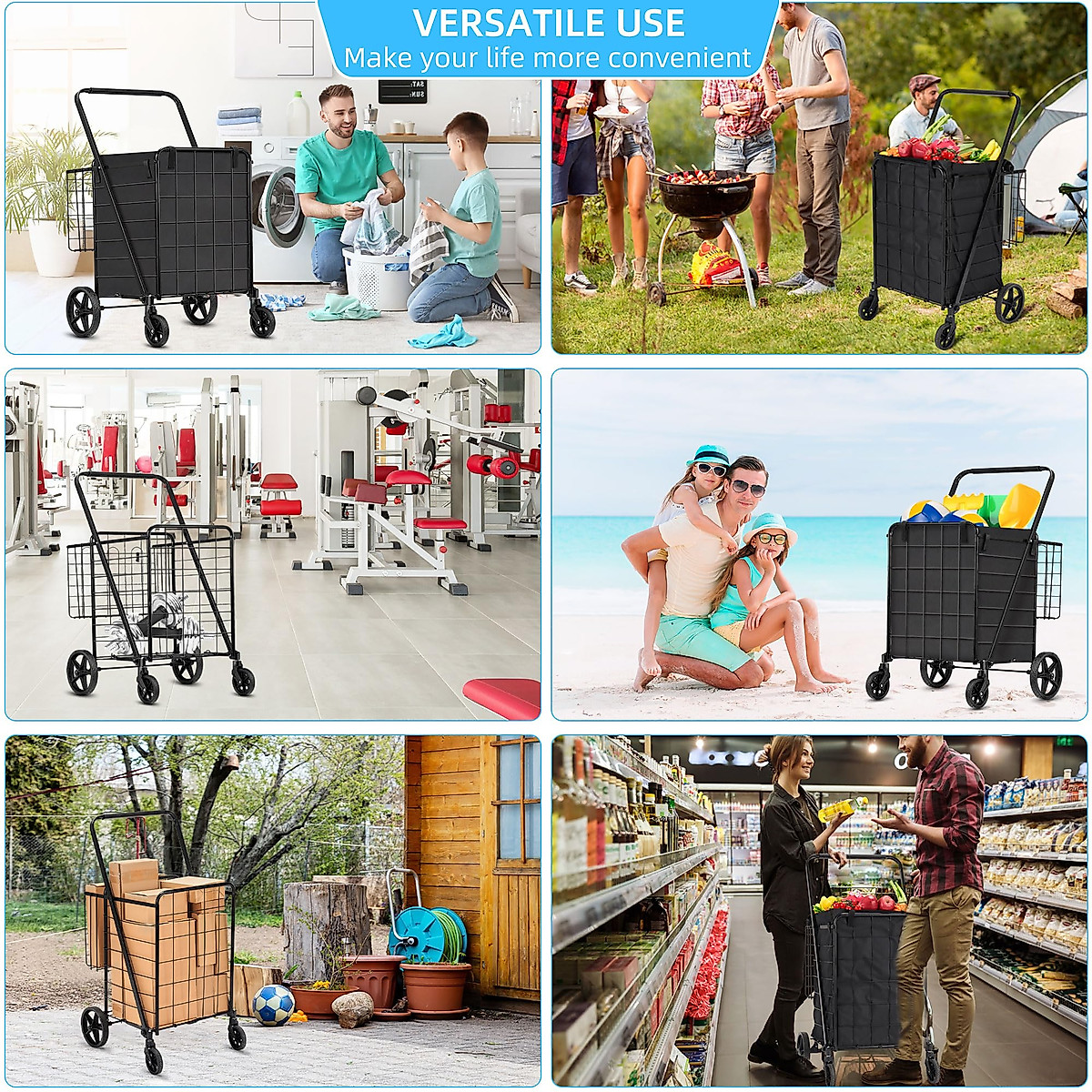 HABUTWAY Folding Shopping Cart with Wheels 360°Rolling Swivel Grocery Cart with Removable Oxford Cloth Liner Compact Utility Cart for Groceries Luggage Laundry,220lb Capacity