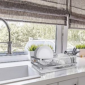 Evelyne GMT-10408 Aluminum Dish Drying Rack with Utensil Holder - Kitchen Countertop Rust Proof Dish Rack and Drainboard Set