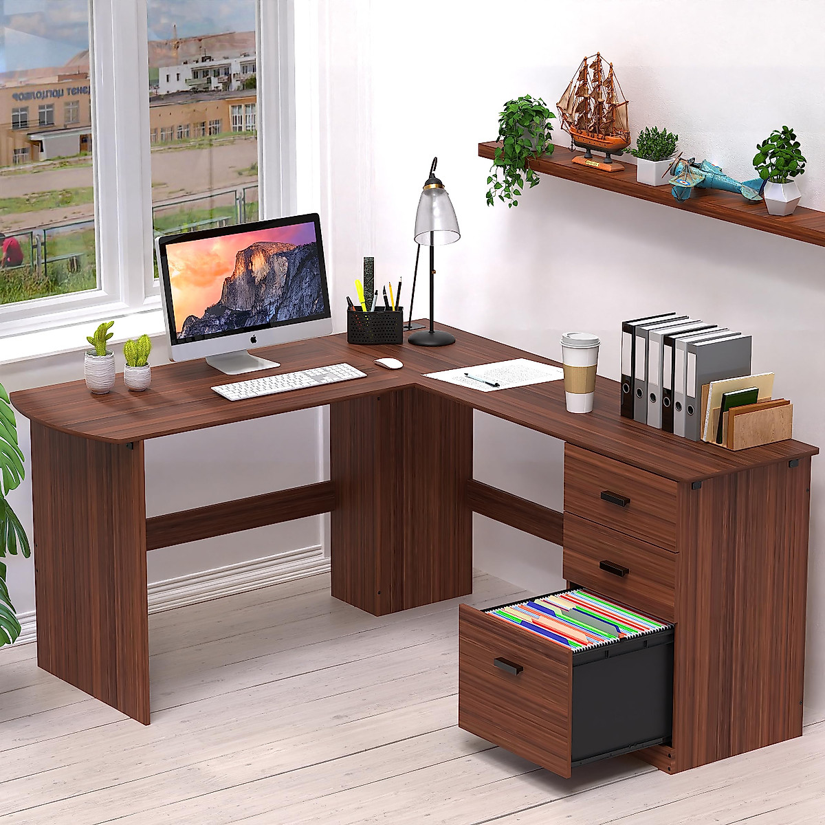 SHW L-Shaped Home Office Wood Corner Desk with 3 Drawers, Walnut