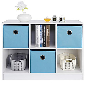 Nouva 3x2 Cubic Organizer 6 Cube Storage Bookcase Wooden Bookshelves Toy Organizers with 3 Non-Woven Bins for Bedroom Living Room, White&blue