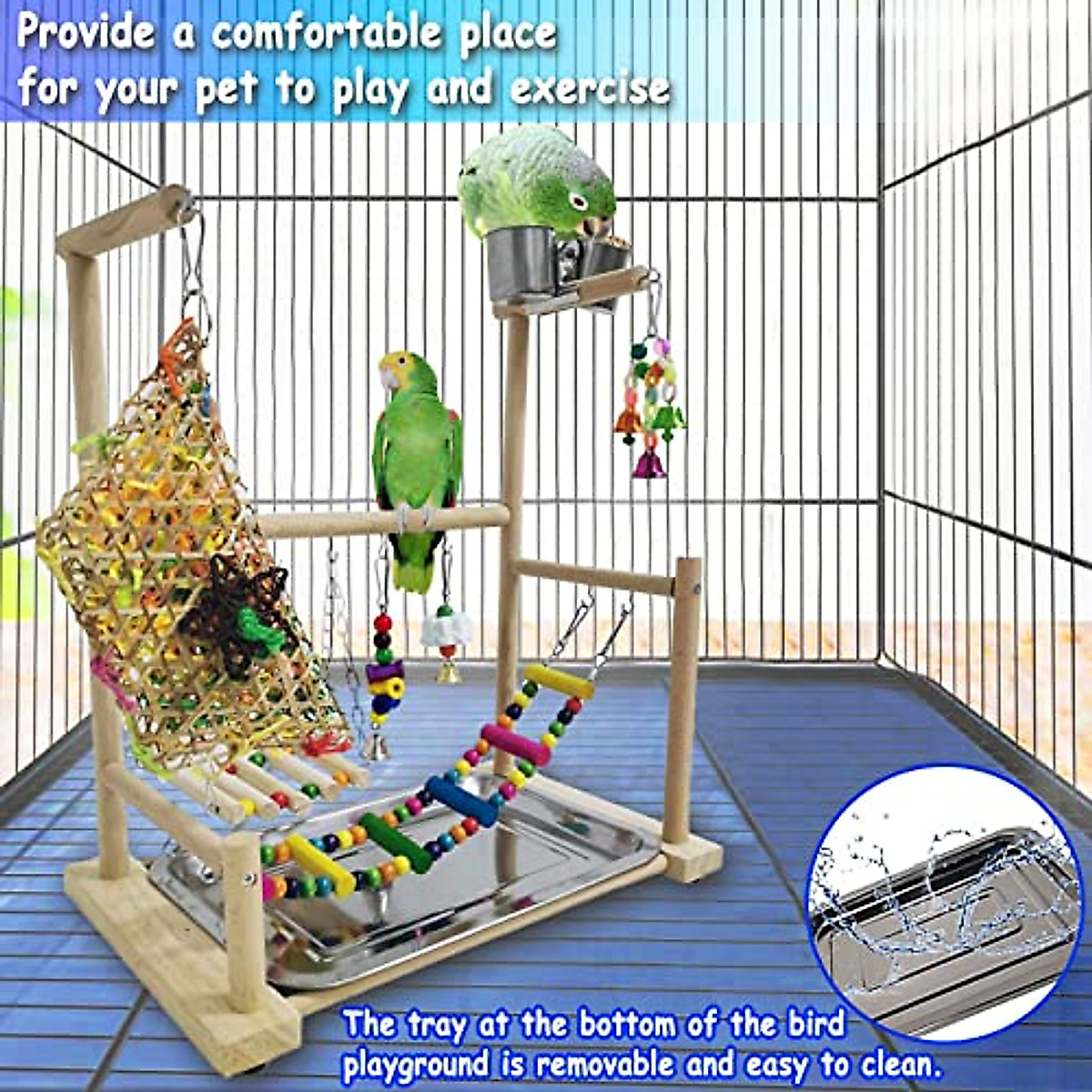 kathson Parrots Playground Bird Perch Gym Playpen Birds Chewing Toys Bridges with Swings Food Bowl for Parakeets African Grey Conures Cockatiel Cockatoos Parrotlets
