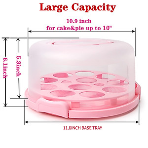 HOYA PONYOO Portable Cake Carrier with Handle, Round Cupcake Holder with Lid, Plastic Storage Container Box fit 10 inch Cake, 3-Locking Muffin and Pies Keeper with Cover (Pink)
