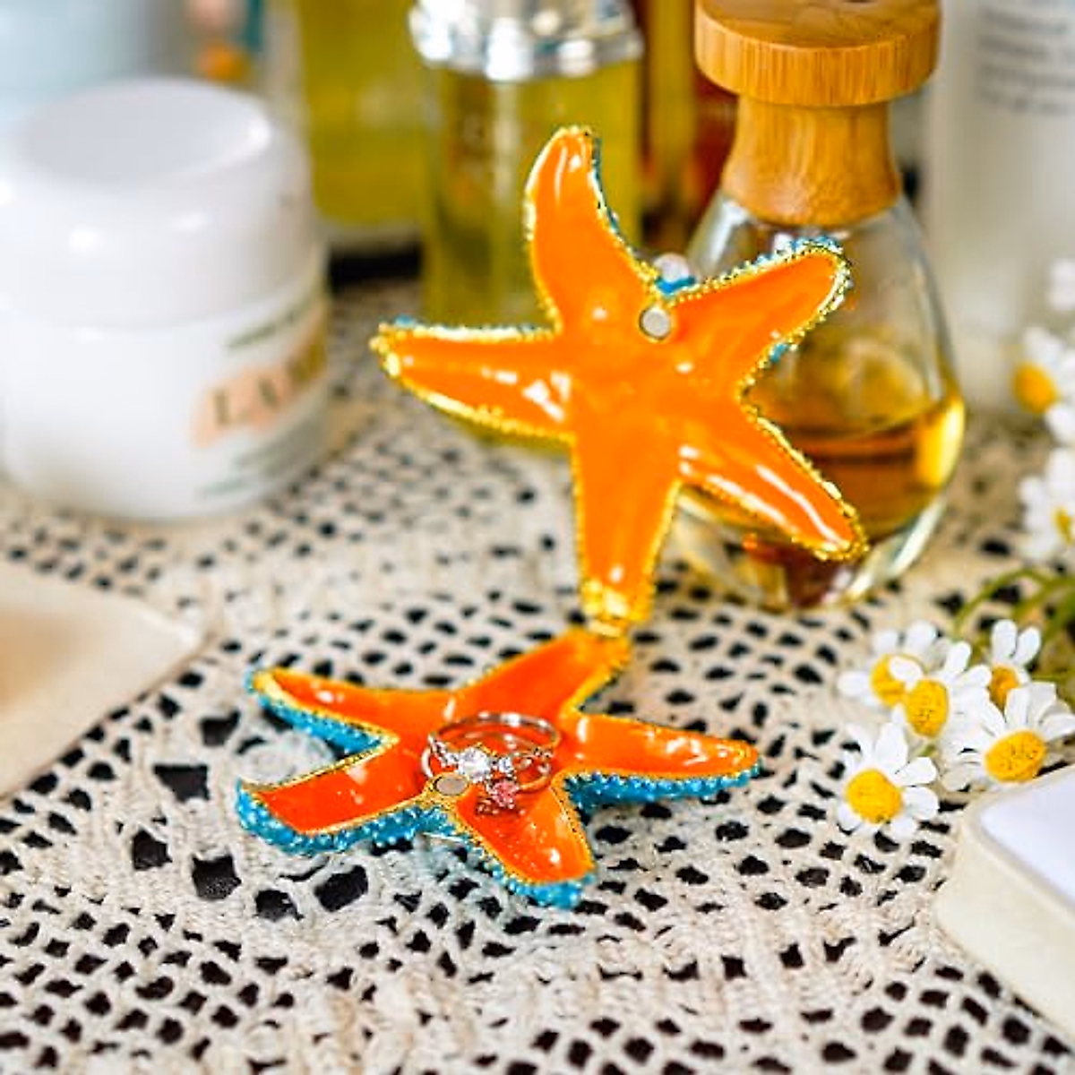 YU FENG Jeweled Starfish Figurine Trinket Boxes Hinged Collectible Painted Enameled Sea Star Animal Jewelry Holder Box(Ocean Blue)