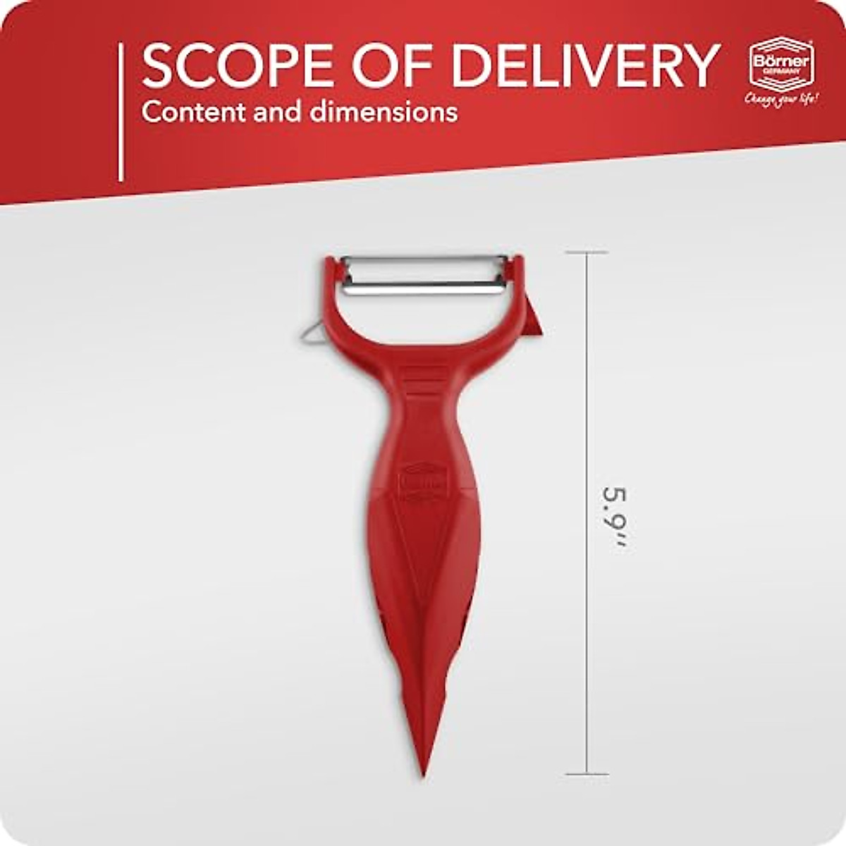 Börner Vegetable Peeler (6-in-1) • Garnishing Peeler with Grater • Multifunctional Peeler for Fruits & Vegetables • Fruit Peeler, Universal Peeler, Potato Peeler • Color: Red