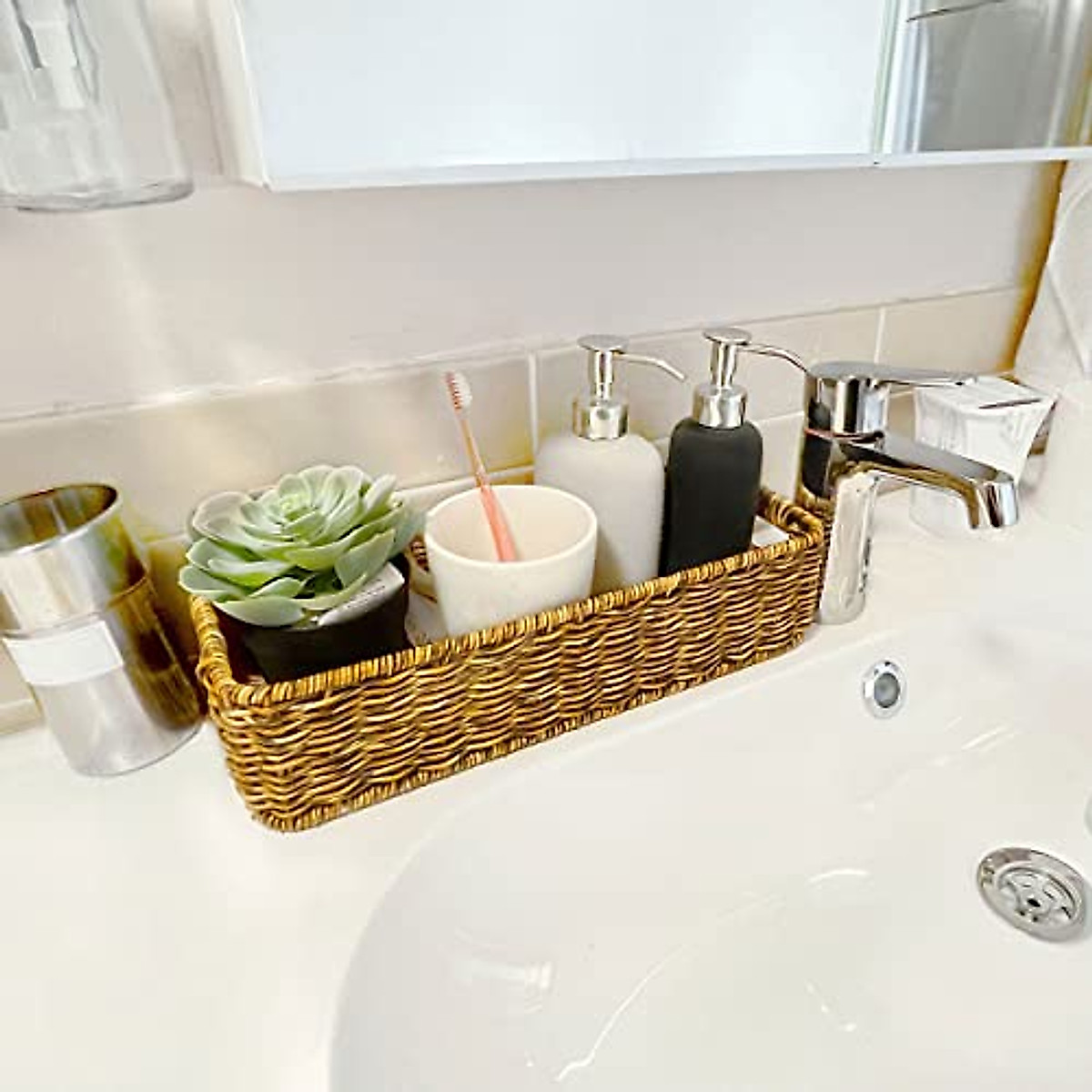 Aevtih Rattan Basket for Toilet Paper, Baskets for Storage with Built-in Handles, Bathroom Basket & Towel Storage, Basket for Toilet Tank Top Paper