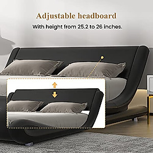SHA CERLIN Full Size Bed Frame Luxury Wave-Like Modern Upholstered Low Profile Platform Bed, Faux Leather Sleigh Bed with Adjustable Headboard, No Box Spring Needed, Black