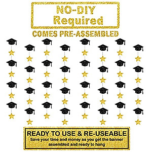 Glitter Graduation Cap Garland, 10 Feet - 8 String, No DIY | Black and Gold Graduation Party Decorations 2023 | Black Graduation Cap Decorations for Class of 2023 Decorations | 2023 Graduation Garland