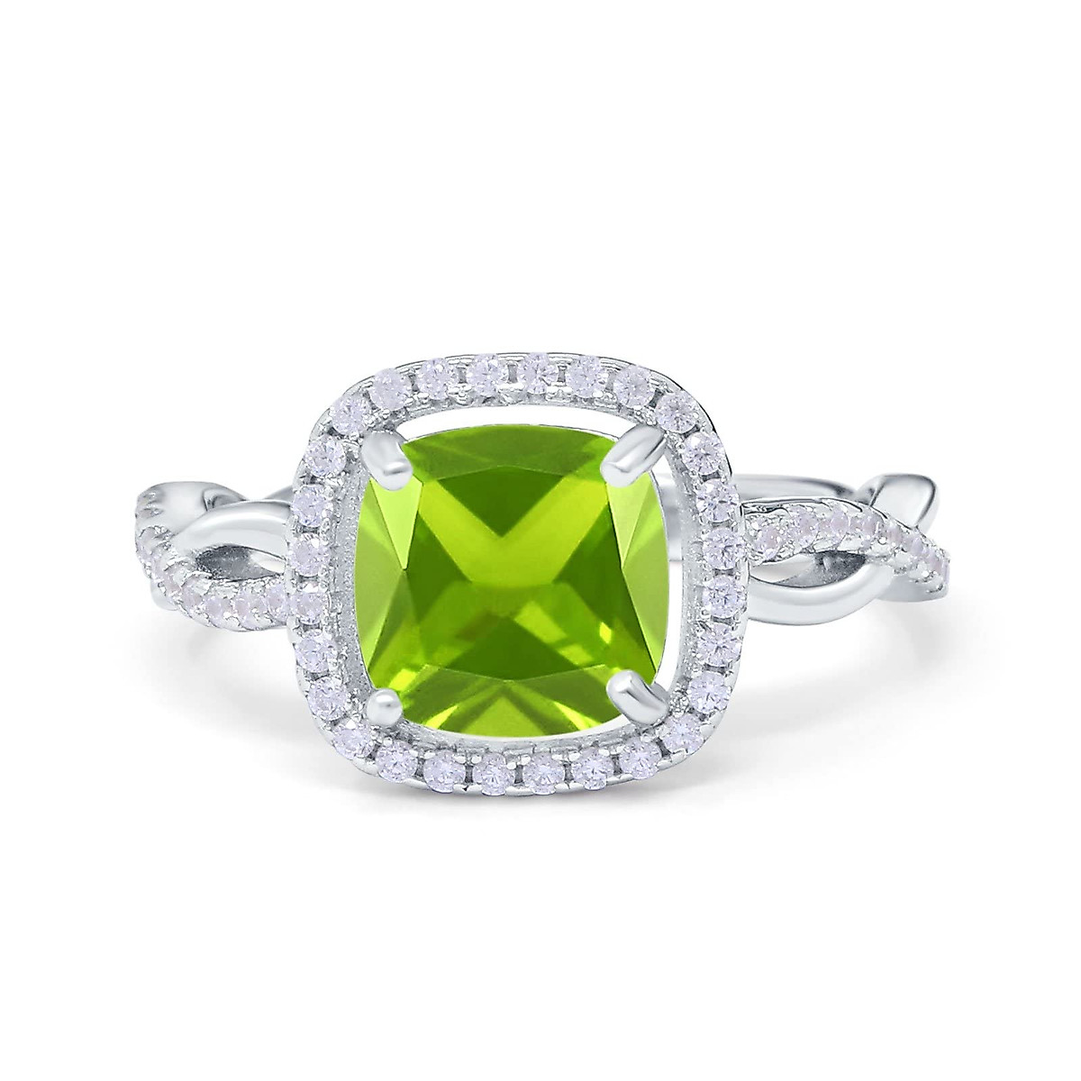 Blue Apple Co. Simulated Peridot Cubic Zirconia Size-8 Infinity Shank Cushion Cut Art Deco Halo Engagement Ring Round Simulated CZ 925 Sterling Silver