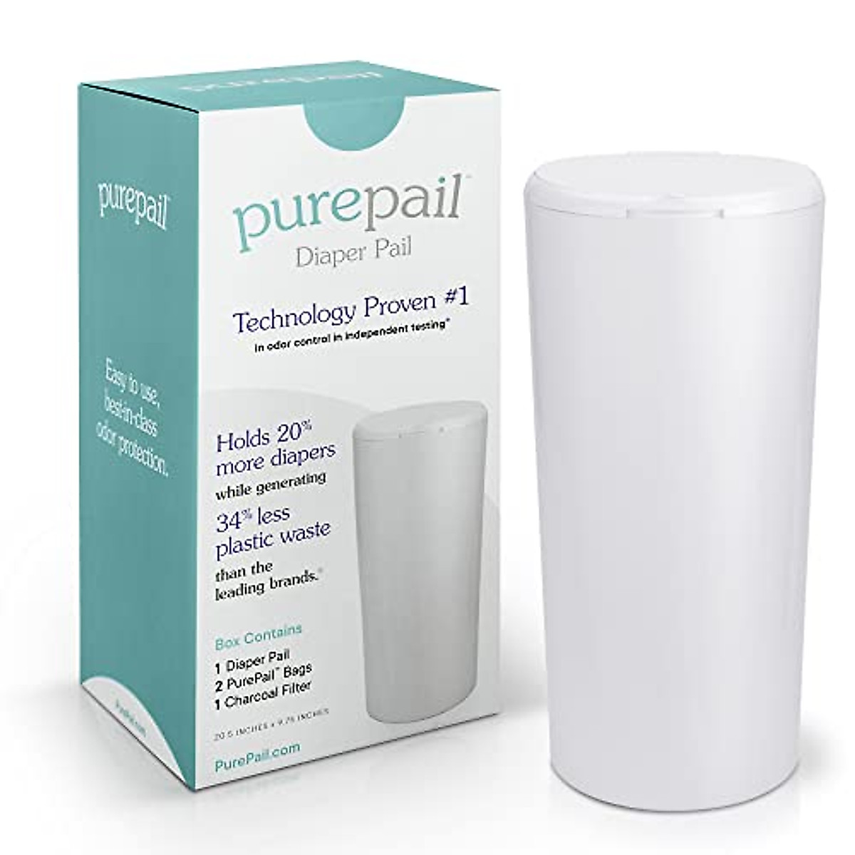 PurePail Classic Diaper Pail – White, Blocks Odors with No Added Fragrance, Holds 20% More Diapers & Generates Less Waste, No Cutting, No Canisters, Includes 1 Pail + 2 Refill Bags + 1 Charcoal Filter