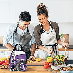 zaaprintblanket Custom Name Lunch Bag For Men Women Personalized Volleyball Purple White Cooler Lunch Box Portable with Name for Gift Workout Camping