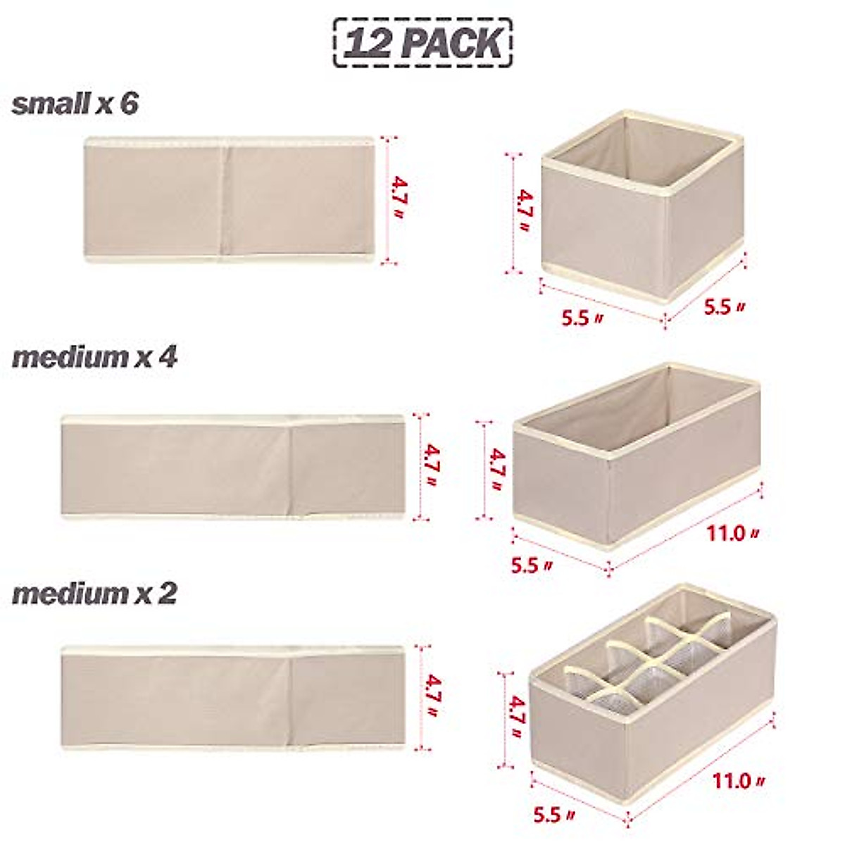 12 Pack Foldable Drawer Organizer Dividers Cloth Storage Box Closet Dresser Organizer Cube Fabric Containers Basket Bins for Underwear Bras Socks Panties Lingeries Nursery Baby Clothes Beige NN246