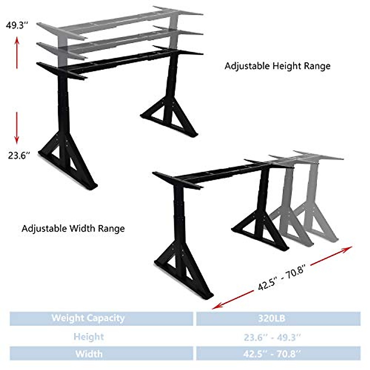 VWINDESK VJ205 Electric Height Adjustable Sitting Standing Desk Frame Sit Stand - Dual Motors 3 Stages Motorized Desk Base Only, Black