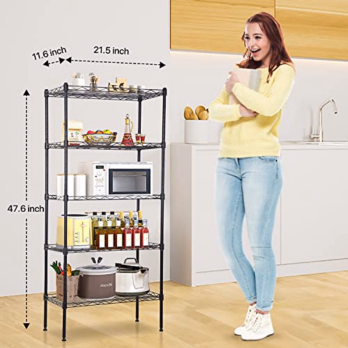 NiamVelo 5 Tier Wire Shelving Unit NSF Storage Shelving Adjustable Metal Wire Shelf Rack 21.5’’ x 11.6’’ x 47.6’’(LxWxH) Wire Rack for Kitchen, Office, Living Room, 750 Lbs Weight Capacity (Black)
