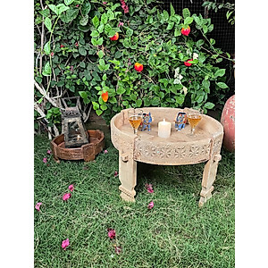 Wooden Indian Natural Carved Chakki Table/Coffee Table/Round Rajasthani Desrt Dinner Table/Side Table/Lamp Holder Table/Candle Holder Table