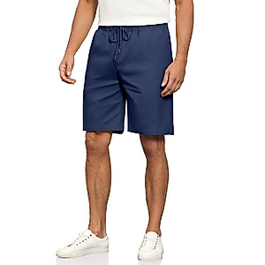 Janmid Men's Linen Casual Classic Fit Short Drawstring Summer Beach Shorts with Elastic Waist and Pockets Navy Blue L