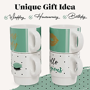 American Atelier Ceramic Green Multi-color Mug & Rack Set – 4 Cups & Standing Metal Rack for Kitchen Countertop, Tabletop, Island, or Café Display – Gift for Tea & Coffee Lovers, 14 oz, Boss Lady