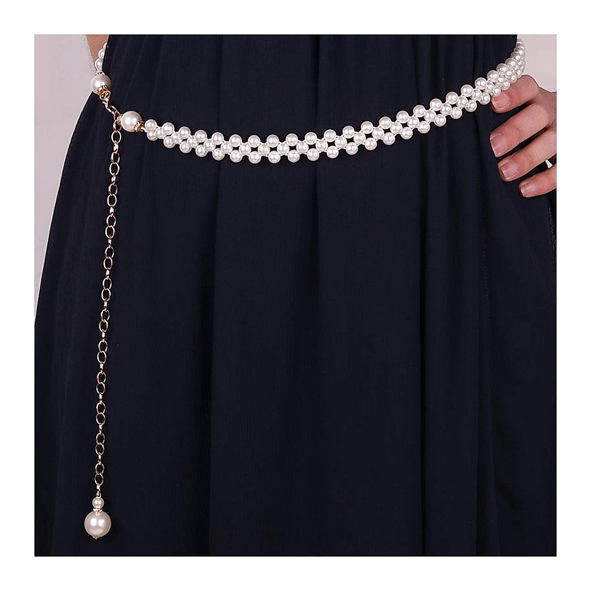 Ya Jin Women's Fashion Pearl Decorative Metal Waist Chain, White, Size 100cm