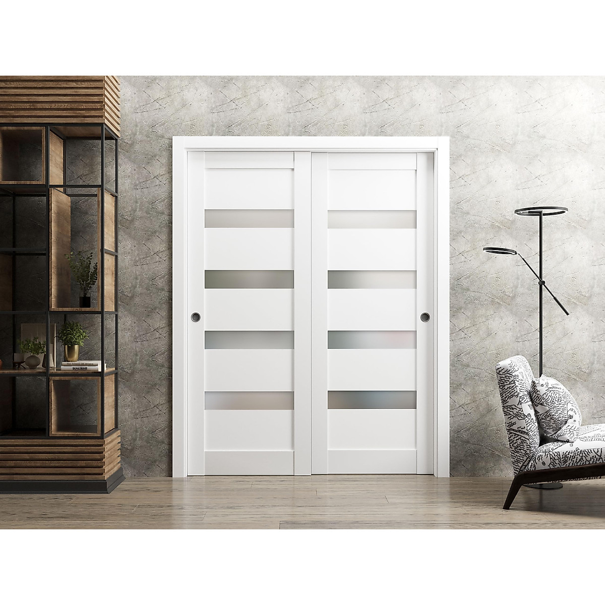 Sliding Closet Bypass Doors 60 x 80 with Hardware | Quadro 4113 White Silk with Frosted Opaque Glass | Sturdy Top Mount Rails Moldings Trims Set | Kitchen Lite Wooden Solid Bedroom Wardrobe Doors