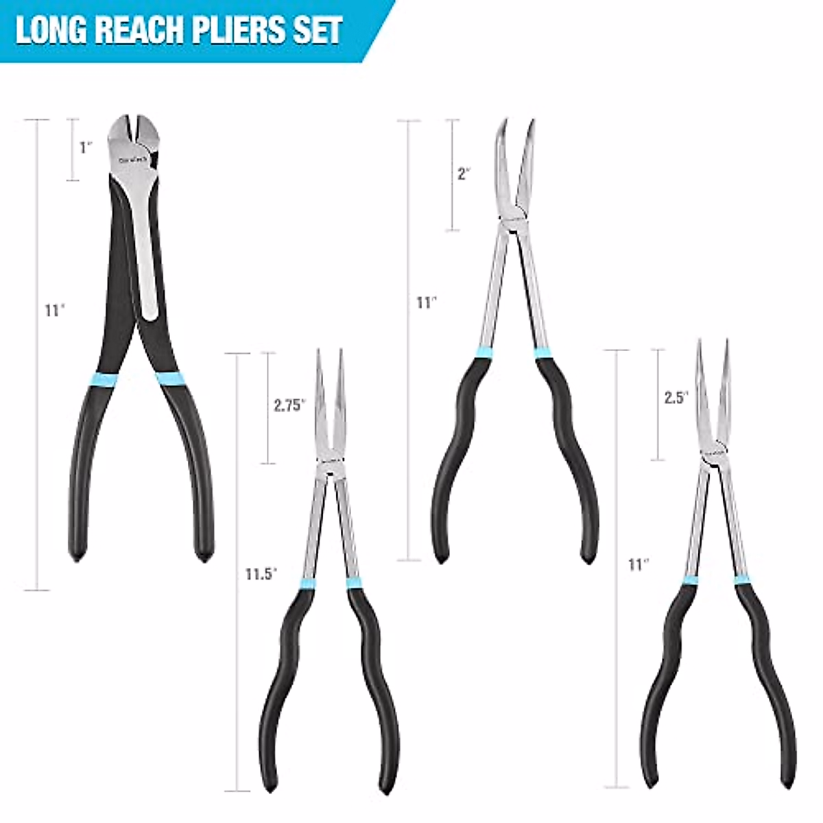 DURATECH 4 PCS Extra Long Needle Nose Pliers Set, Premium CRV Steel, 11" Long Reach Straight Pliers, 90° Bent Nose Pliers, 45°Bent Nose Pliers, Diagonal Pliers for Hard-to-Reach Narrow Spaces