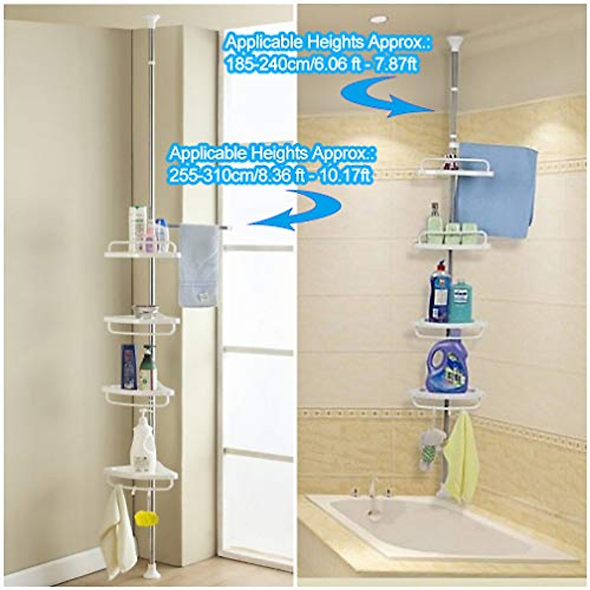 Hershii 4 Tiers Corner Shower Caddy Tension Pole Bathtub Shelf Organizer Adjustable Bathroom Storage Rack Space Saving with Towel Bar - Ivory