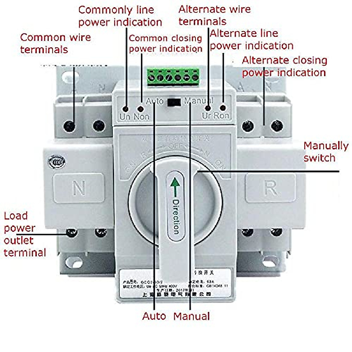 AC 220V/110V 2P 63A Dual Power Automatic Transfer Switch Dual Power Generator Changeover Switch 50HZ/60HZ Automatic and Manual