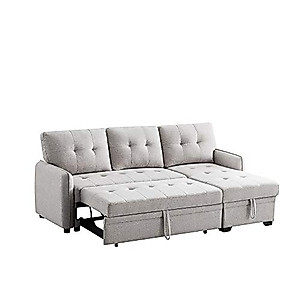 INFINI FURNISHINGS 84" Wide Sectional Sofa with Pull Out Sleeper Bed, Reversible Storage Chaise Lounge, Modern Tufted Line Design Sofabed, Light Gray