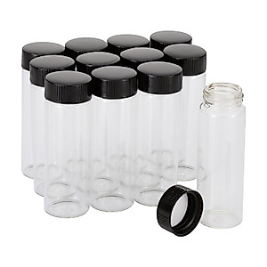 Kesell 12 Pack of 3 inches, 30 ML, Clear Glass Bottles Storage Container Sample Cosmetic Vials with Black Screw Caps