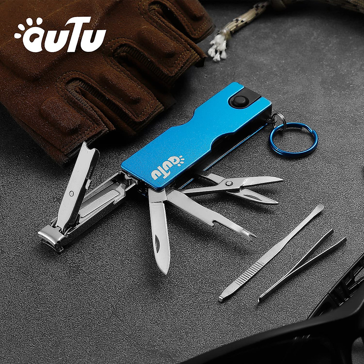Keychain Nail Clipper Multitool, 8 in 1 EDC Utility Tool with Nail Clipper, Scissors, Tweezers, Gifts for Him Men Husband Dad Boyfriend (Blue)