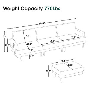 MCombo Sectional Couch Sofa L Shaped Couch for Living Room 3-Seat Dark Grey Sofa for Bedroom Modern Couch Set of 4 for Small Space Apartment Velvet Couch with Ottoman