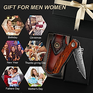 Benkey Damascus Folding Knife with Clip Leather Sheath Camping Knife EDC, Sharp Damascus Pocket Knife Handmade with Liner Lock and Wood Handle for Outdoor Survival Hunting Collection