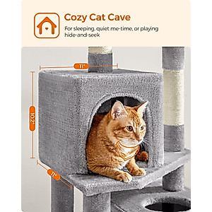 Feandrea Cat Tree, 61-Inch Cat Tower for Indoor Cats, Plush Multi-Level Cat Condo with 5 Scratching Posts, 2 Perches, 2 Caves, Hammock, 2 Pompoms, Light Gray UPCT192W01