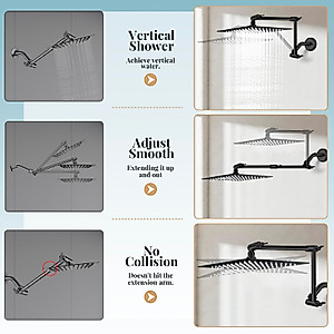 12'' Rain Shower Head with Handheld Spray, Black Shower Head High Pressure with 16'' Flexible Adjustment of Height/Angle Upgraded Extension Arm and 5 Setting Handheld Shower Head with Hose, Anti-leak