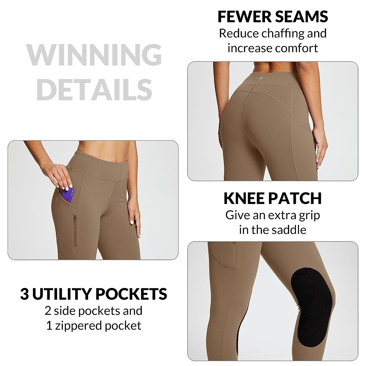 BALEAF Women's Winter Riding Pants Horse Breeches Knee-Patch Fleece Horseback Equestrian Tights Pockets Leggings Brown M
