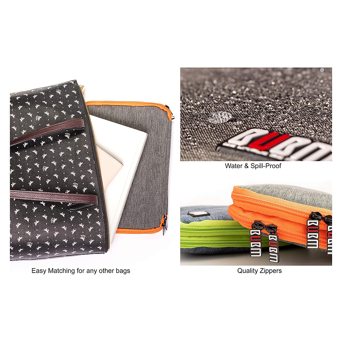 Three Layer Electronics Organizer and Travel Organizer for Tablet, Cables, and Chargers. Size XL Fit up to 10" Tablets. (Grey and Bright Orange)