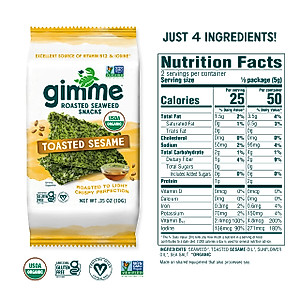 gimMe - Toasted Sesame - 12 Count Sharing Size - Organic Roasted Seaweed Sheets - Keto, Vegan, Gluten Free - Great Source of Iodine & Omega 3’s - Healthy On-The-Go Snack for Kids & Adults