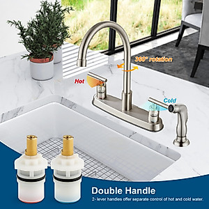 Cinwiny Kitchen Faucets,High Arc 360°Rotating Spout Kitchen Sink Faucet 2 Handle 8 Inch Centerset RV Kitchen Faucet with Supply Lines,3 Hole Kitchen Faucet with Side Sprayer, Brushed Nickel