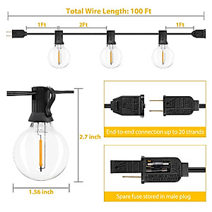 YILINM 100ft Outdoor String Lights Waterproof LED G40 Shatterproof Backyard Lights with 50 Bulbs Connectable Patio Lights for Christmas Patio House Backyard Balcony Party