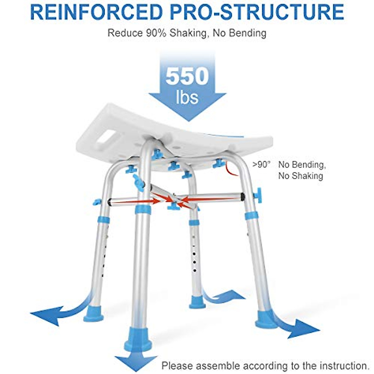 Health Line Massage Products Heavy Duty Shower Stool 550lb Bath Seat Chair, Tool-Free Assembly Height Adjustable Paded Seat Bench for Seniors, Elderly, Disabled, Handicap and Injured