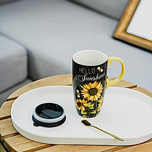 Topadorn Ceramic Coffee Mug Gift for Home & Office, 17oz. Porcelain Latte Travel Cup with Lid and Color Box, Sunflower Art Tea Mug with Handle, 6.5" H