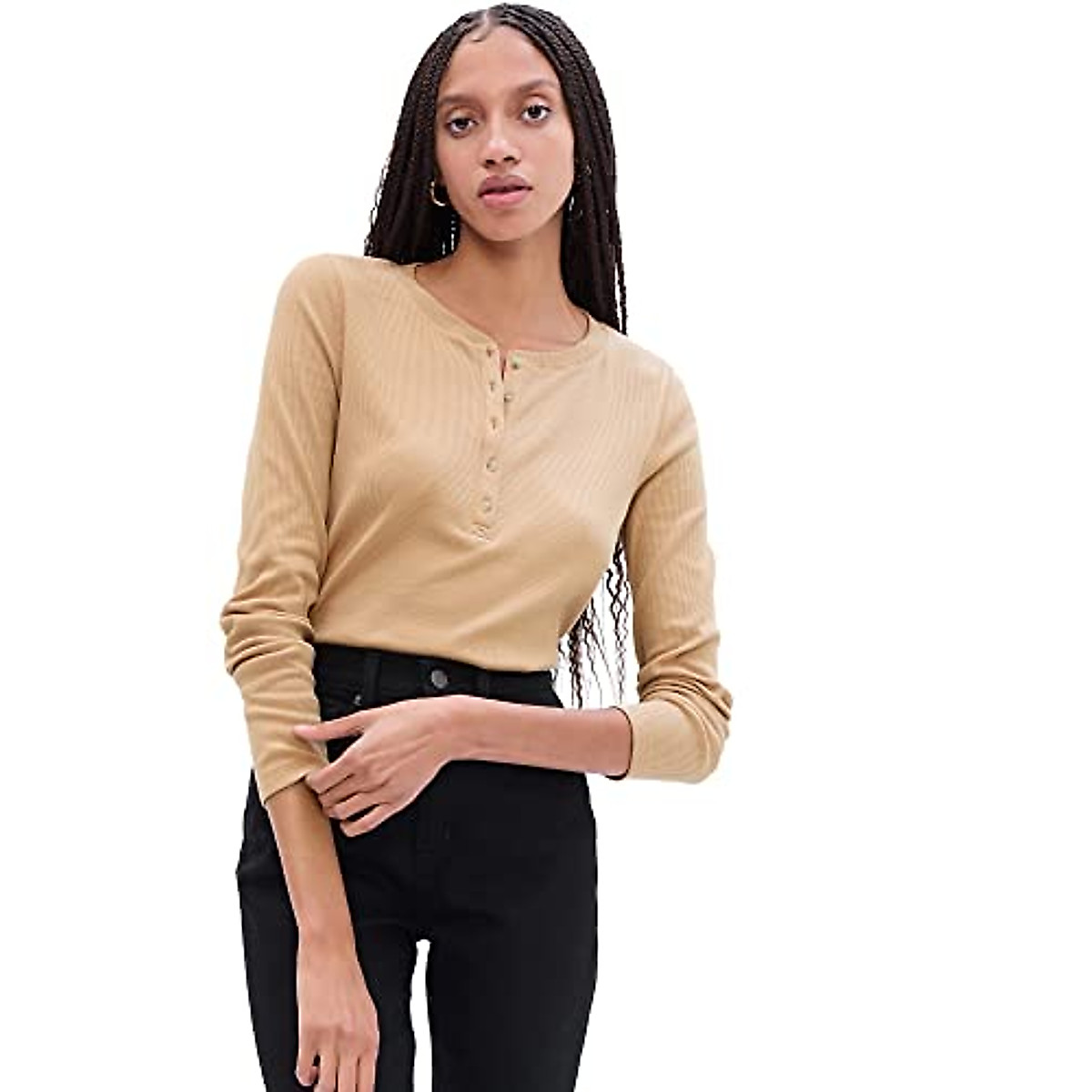 GAP Womens Ribbed Long Sleeve Henley Shirt, Nude Chameleon, Medium US