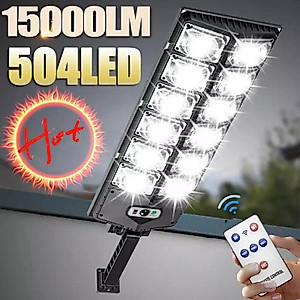 Solar Street Light Dusk to Dawn Outdoor Lighting 15000LM Flood Lights with Motion Sensor and Remote Control for Mounting Pole Bracket Garden, Court, Yard, Parking Lot, White (91350181MA359HEX1F)