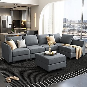 HONBAY Convertible L Shape Sectional Sofa Modular Sectional Couch with Reversible Chaise L Shaped Sofa 4 Seat Couch with Storage Ottoman, Bluish Grey