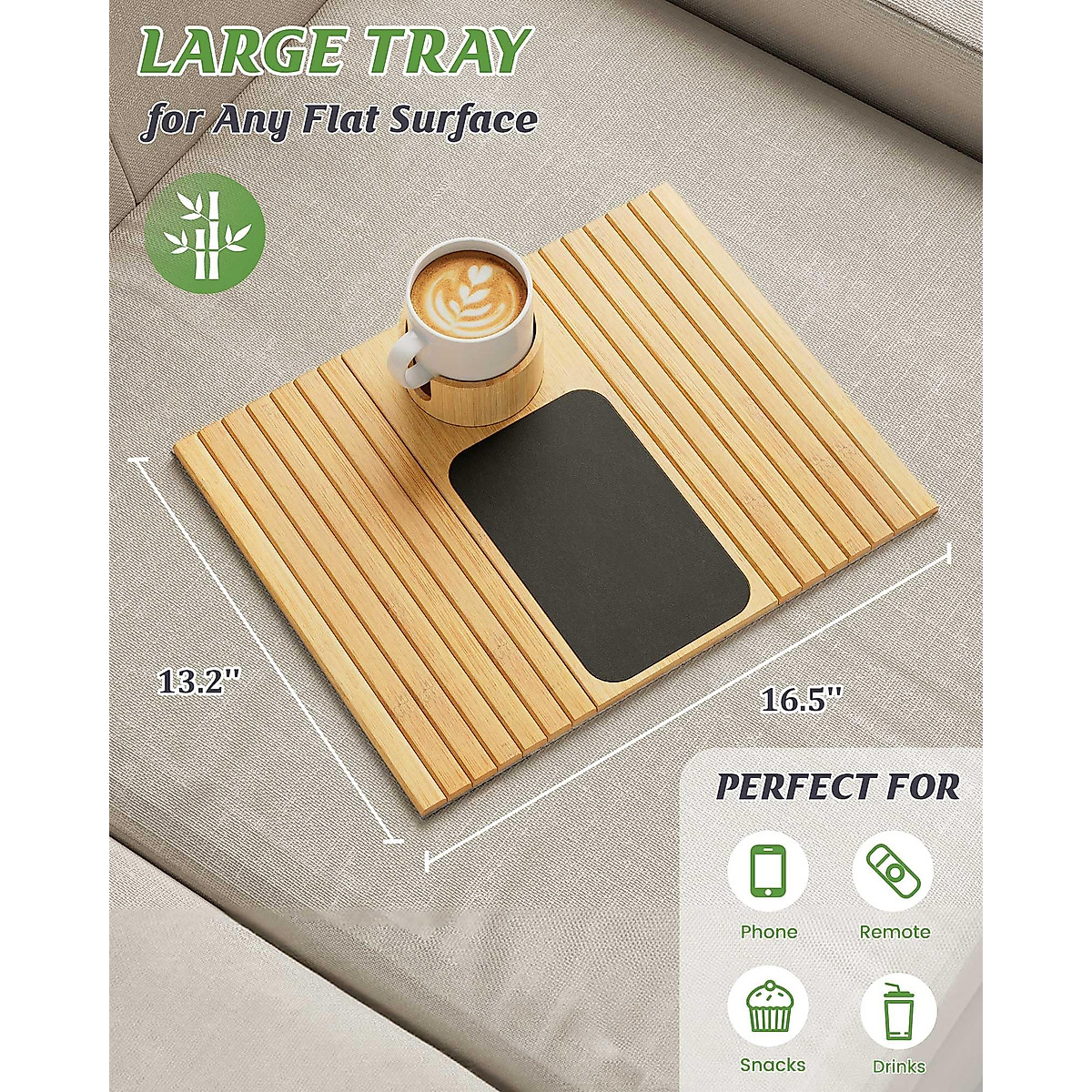 BS-VOG Couch Cup Holder, Bamboo Couch Arm Tray with 360° Rotating Drink Holder, Foldable Anti-slip Couch Arm Table, Sofa Armrest Tray Clip on Wide Couches for Eating, Snacks, Remote, No Installation